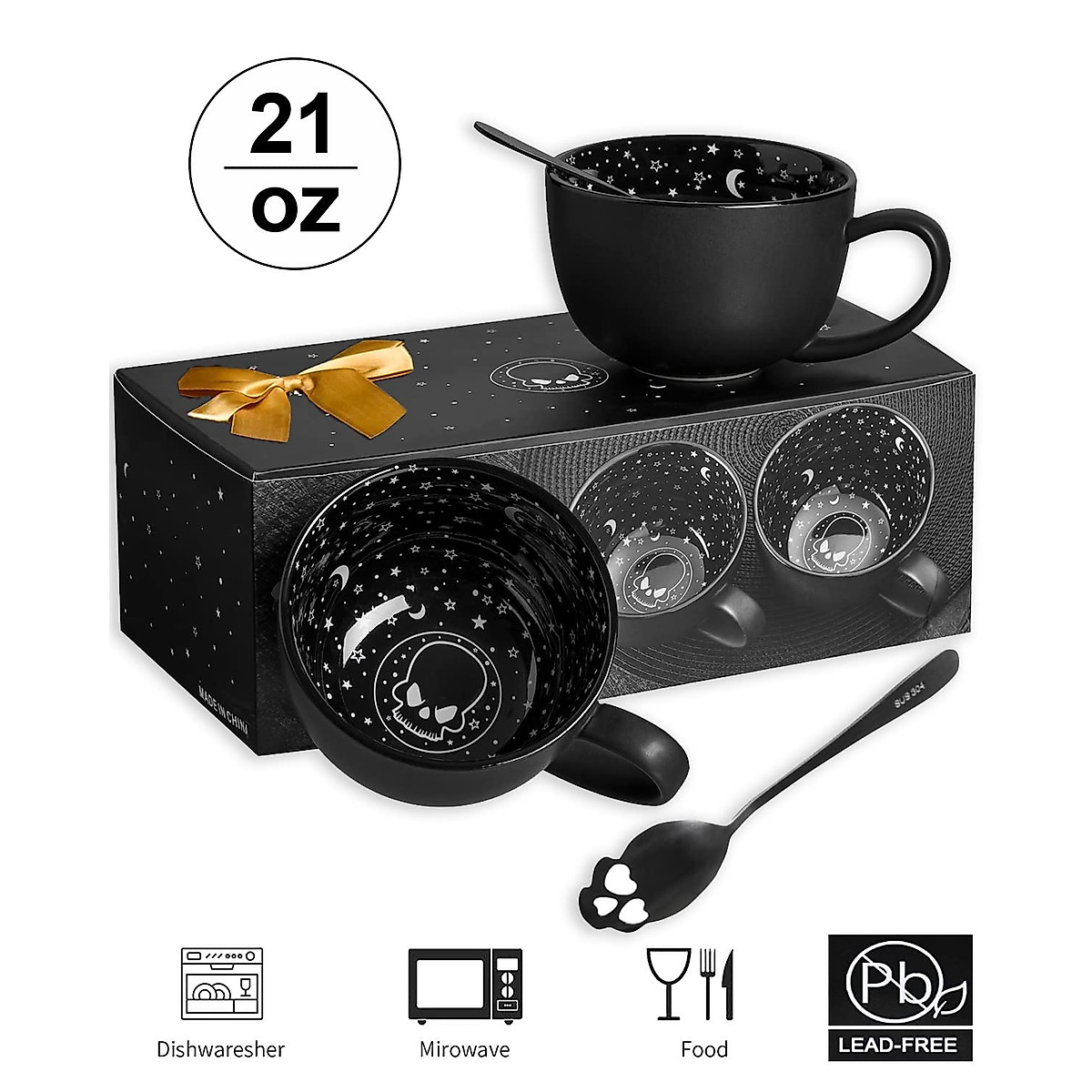 CALATOUR Large Coffee Mug Goth Decor With Midnight Skull,Gift Box Package,Cute Halloween Spooky Witch Gift,Cool Novelty Tea Cup,21oz/620ml Porcelain,1PCS