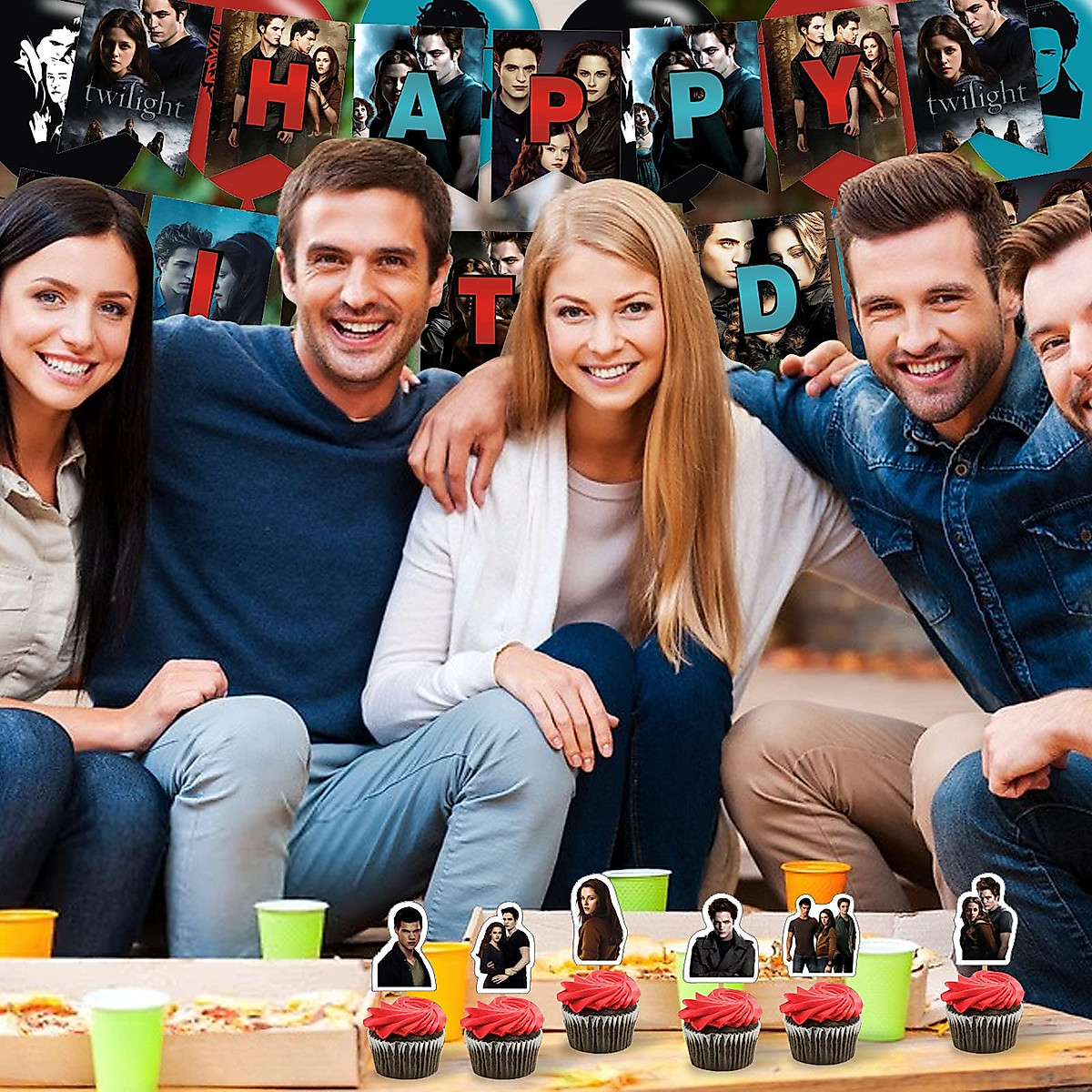 The Twilight Saga Theme Birthday Party Decorations,The Twilight Saga Party Supply Set for Kids with 1 Happy Birthday Banner , 12 Cupcake Toppers,50 Stickers ,18 Balloons for Party Decorations