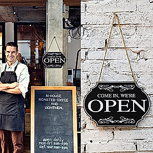 Rustic Wooden Store Open and Closed Business Sign Two Sided Reversible Come In We're Open or Closed Store Hanging Sign for Coffee Bar Shop Door Window, 11.8 x 7.8 Inch (Black Board, White Words)
