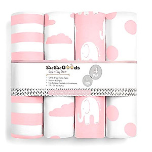 Pack n Play Sheets – Premium Pack and Play Sheet Set - 4 Pack – 100% Super Soft Jersey Knit Cotton Playard Mattress Sheets – Portable Playpen Fitted Play Yard Mini Crib Sheet for Girl (24 x 38 x 5)