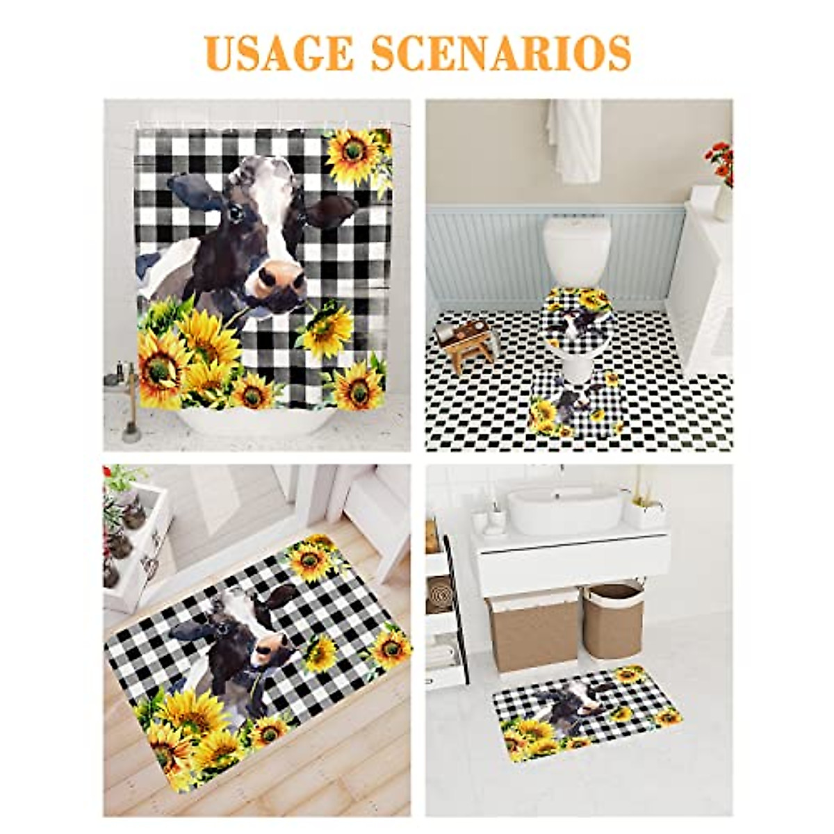 Fangship 4 Piece Shower Curtain Sets Farm Cow and Sunflower Black and White Buffalo Plaid Include Non-Slip Rug,Toilet Lid Cover,Bath Mat and Hooks Durable Waterproof Shower Curtain Set for Bathroom