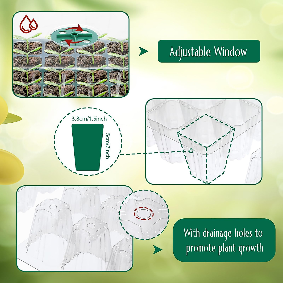 Hoolerry Seed Starter Tray 40 Cells Seed Starter Kit with Humidity Dome and Base Propagation Tray Plant Germination Trays Greenhouse Mini Propagator Station for Seeds Growing (Green,20 Pcs)
