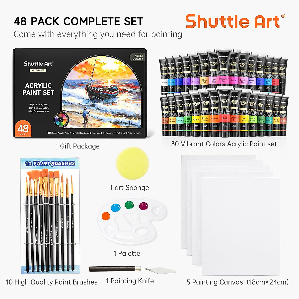 48 Pack Acrylic Paint Set, Shuttle Art 30 Colors Acrylic Paint (36ml) with 10 Brushes 5 Canvas 1 Paint Knife 1 Palette 1 Sponge, Complete Set for Kids, Adults Painting on Canvas Rocks Wood Ceramic