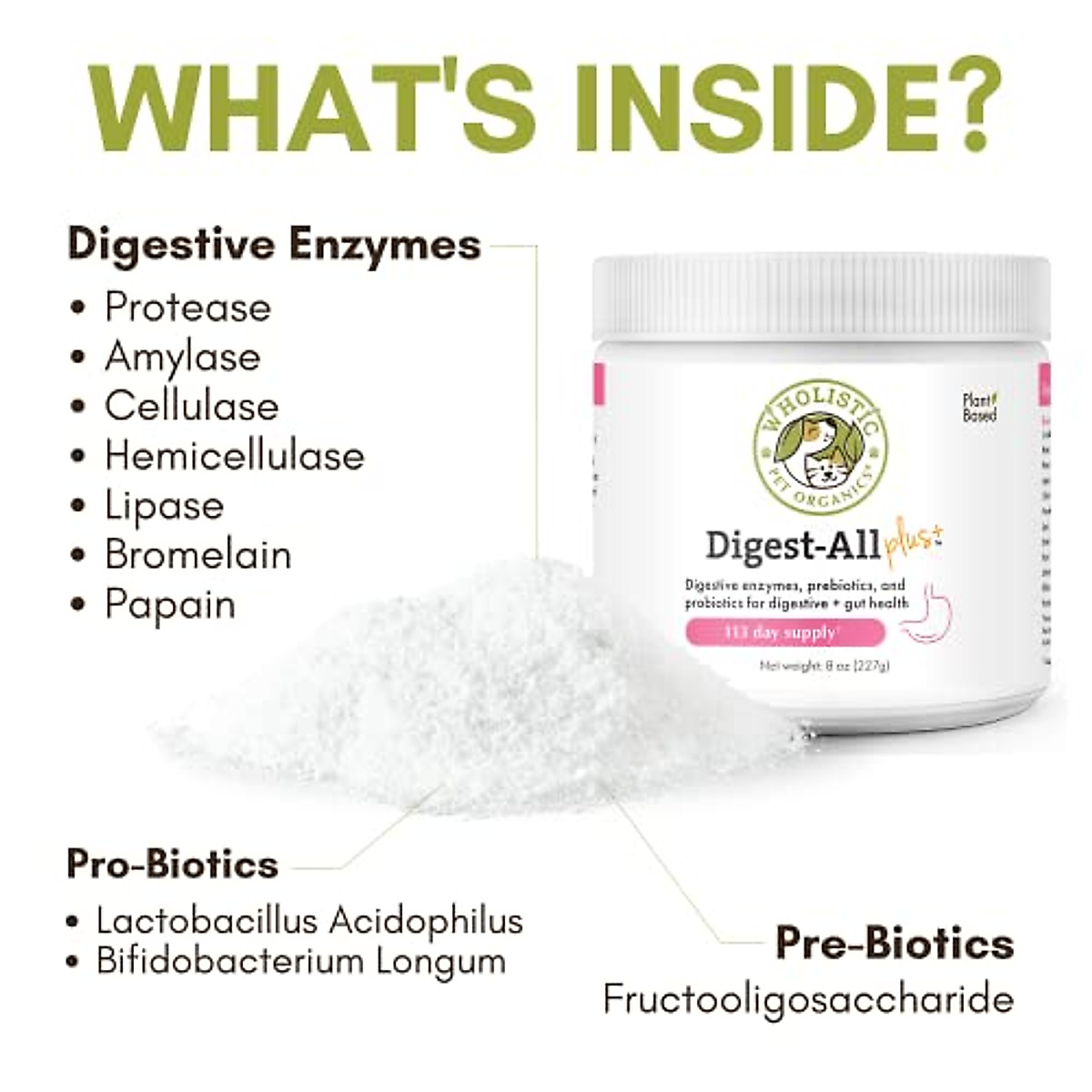 Wholistic Pet Organics: Dog Probiotics and Digestive Enzymes Powder Dog Prebiotic and Probiotic Supplement Prevents Upset Stomach Gut Health Probiotics for Dogs and Puppies Stool Ease for Dogs