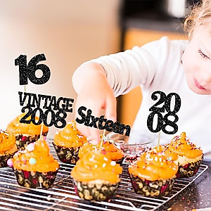 Gyufise 24Pcs 16th Birthday Cupcake Toppers Glitter Sixteen Vintage 2008 Sweet 16 Cupcake Picks Hello 16 Years Birthday Cake Decorations for Happy 16th Birthday Anniversary Party Supplies Black