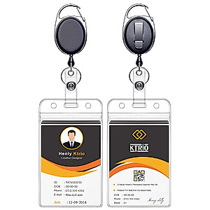 KTRIO 2 Pack Retractable Badge Holders, ID Badge Holders with Heavy Duty Carabiner Reel Clip, Vertical Style Clear ID Card Holders with 28 inches Kevlar Pull Cord