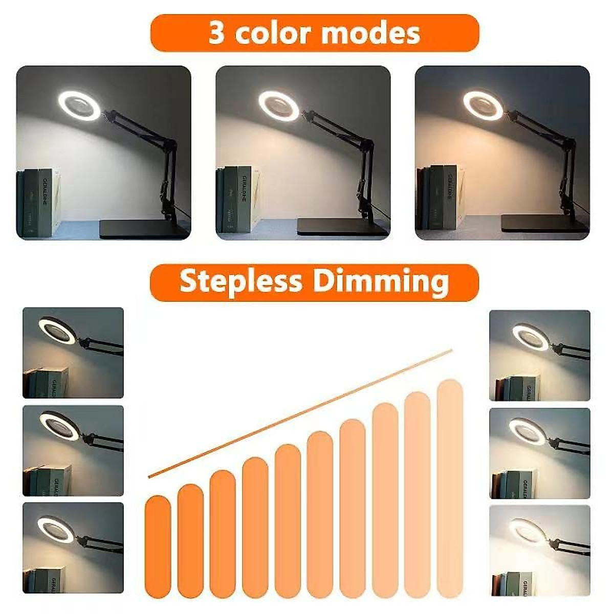 10X Magnifying Glass with Light, KUVRS 2-in-1Anti-Tipping Base & Clamp Magnifying Lamp, 3 Color Modes Stepless Dimmable, Adjustable Swing Arm Lighted Magnifying Glass for Hobby, Soldering, Close Work