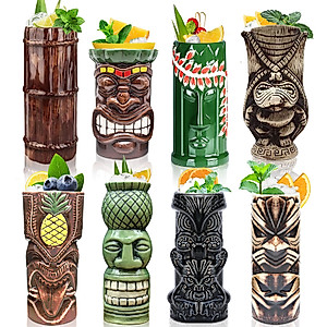 LINALL Tiki Mugs Cocktail Set of 8 - Tumblers Ceramic Hawaiian Luau Party Mugs Drinkware, Cute Exotic Cocktail Glasses, Tiki Bar Professional Hawaiian Party Barware, TKSET0017 (8pcs)