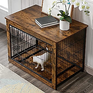 TABU Dog Crate Furniture, Wooden Dog Furniture End Table, Indoor Dog Kennel with Multi-Purpose Removable Tray, Double Door Dog Cage for Small/Medium Dogs,Rustic Brown,38" L