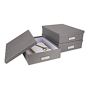 Bigso Oskar Fiberboard Label Frame Document Letter Box | File Organizer Document Box for Important Paperwork | Document Storage Box with a Lid & Metal Label Window | 3.3″x10.2″x13.8″ | Grey