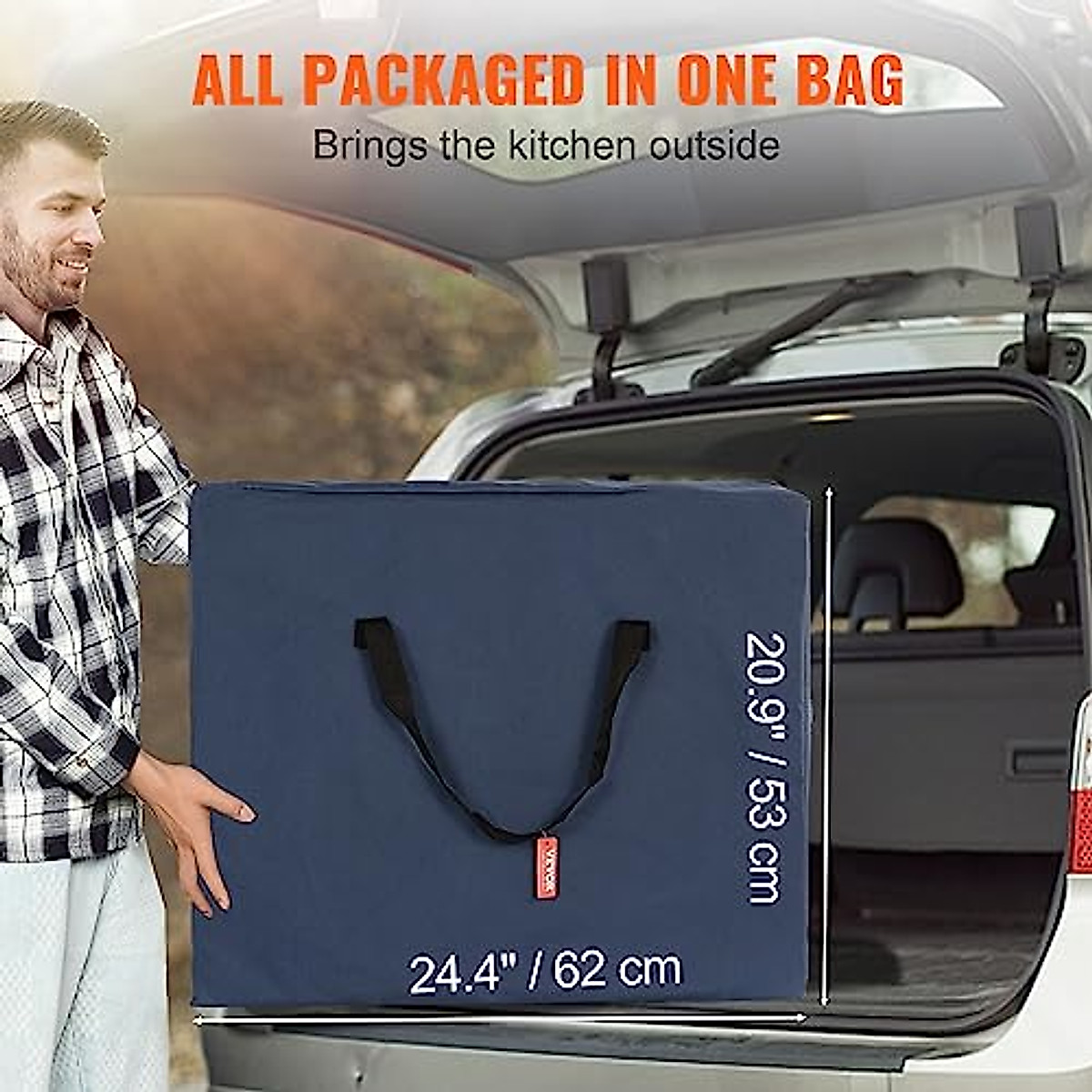 VEVOR Camping Kitchen Table Storage, Outdoor Pop-up Aluminum Portable Folding Cook Station with 3-Tier Organizer, Side Pocket & Carrying Bag, Quick Set-up for BBQ Party Backyard RV Traveling, Blue