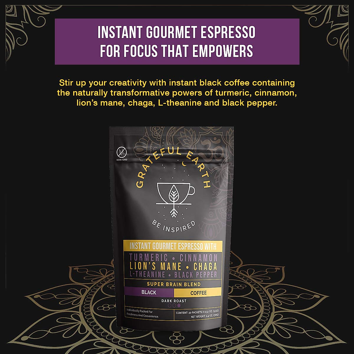 Grateful Earth Super Brain Blend Instant Gourmet Espresso Black Coffee with Nootropics 20 Packets Microground Robusta and Arabica Coffee with Turmeric, Cinnamon, Black Pepper