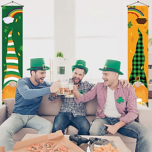 Rainlemon St. Patrick's Day Gnome Porch Banner, Green Buffalo Check Plaid, Shamrocks Front Door Sign Decoration