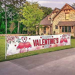 Large Happy Valentines Day Banner Outdoor Decorations 120" x 20" Valentine's Yard Sign Red Hearts Flowers Flamingos Holiday Party Supplies Valentine Backdrop Home Decor with Brass Grommets for Garden House Fence Garage Indoor Gifts Anniversary Wedding Law