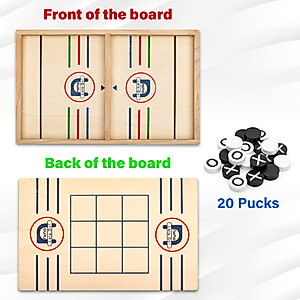 Niino 2 in 1 Fast Sling Puck and Tic Tac Toe Game Board | Tic Tac Toe Board and Family Wooden Hockey Game | String Puck | Gift for Adults & Kids Children | 20 Pucks with Storage Pouch (13 X 8 Inches)