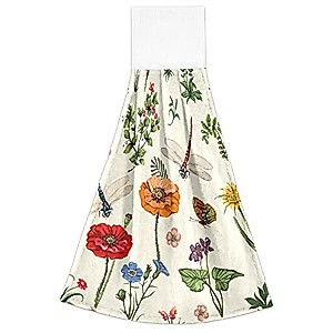 2pcs Spring Flowers Dragonfly Hanging Kitchen Towel Summer Botanical Leaves Floral Hand Towels Soft Coral Velvet Loop Dish Towel for Bathroom Washcloth Absorbent Tie Towel