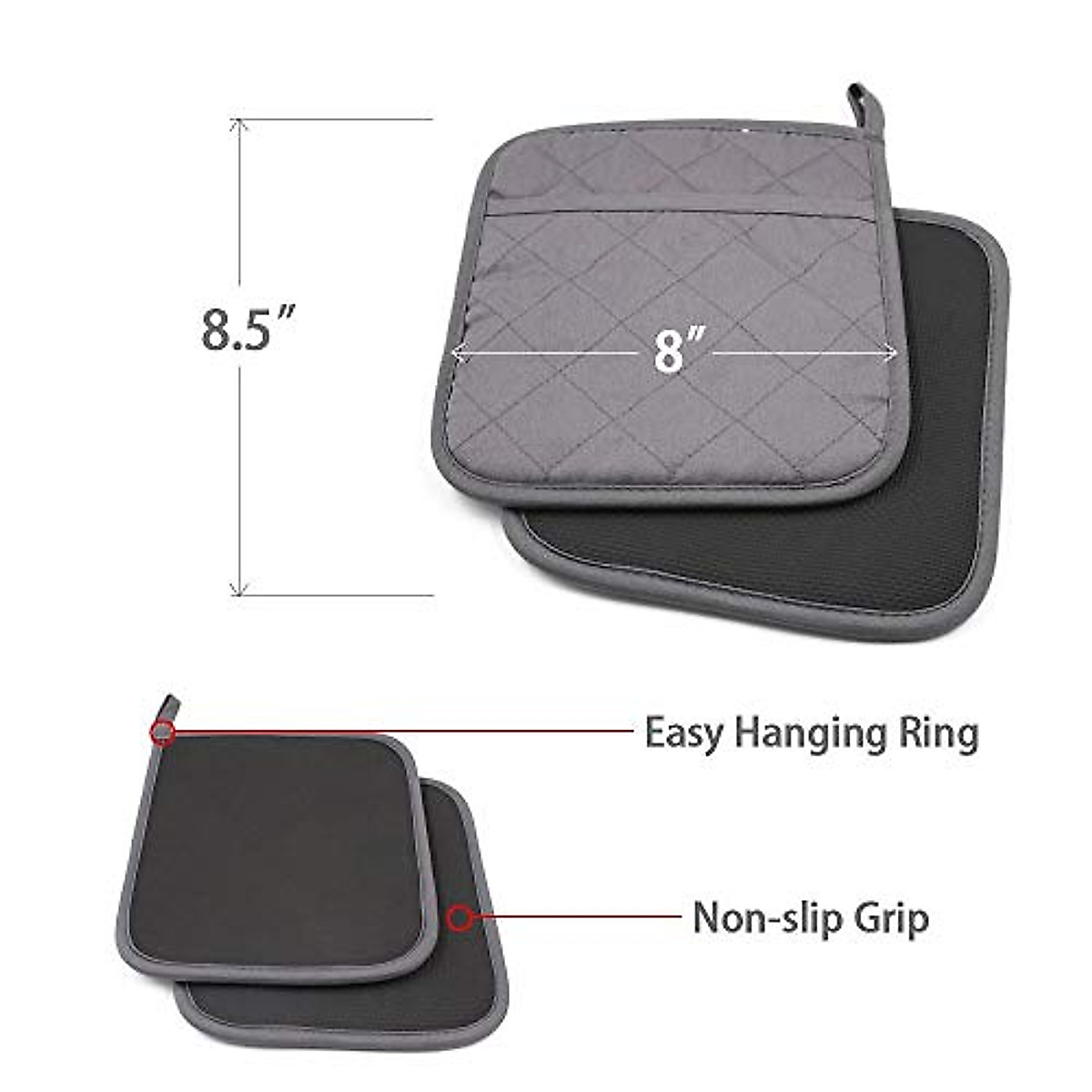 YEKOO 2 PCS Gray Pot Holders Sets for Kitchen Heat Resistant Oven Hot Pads with Pockets Non Slip Soft Grip Potholders for Baking Cooking 8"x8.5"