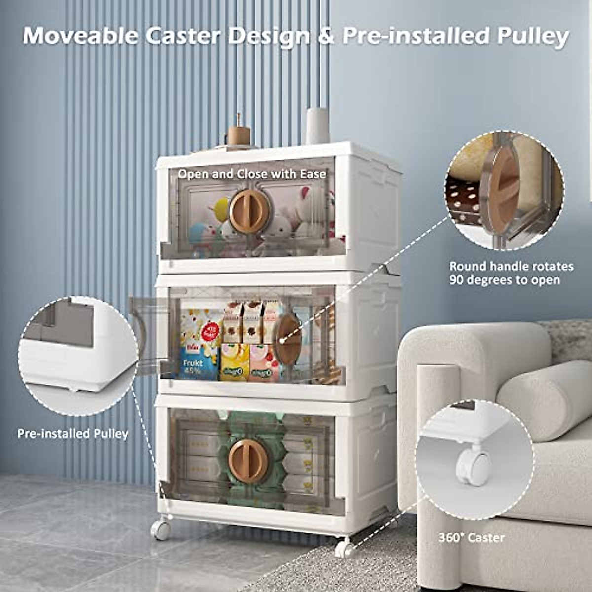 Webetop Large Collapsible Storage Bins with Lid - 19 Gal Folding Storage Box with Universal Wheels, Plastic Storage Bins for Household, Living Room, Dorm Stackable Storage Bins with Door