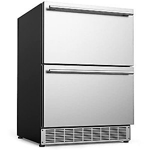 24 Inch Outdoor Drawer Fridge, Under Counter Double Drawer Beverage Refrigerator, 4.9 Cu.Ft. Weather Proof IPX4 Stainless Steel Auto Defrost 34-65℉ Built-in Fridge, ETL & DOE Approved