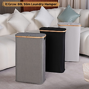 iEGrow 60L Slim Laundry Hamper with Lid,Black Hampers for Laundry,Narrow Laundry Basket with Removable Inner Bag & Bamboo Handles,Tall Thin Clothes Hamper for Clothes Toys Towels Organization