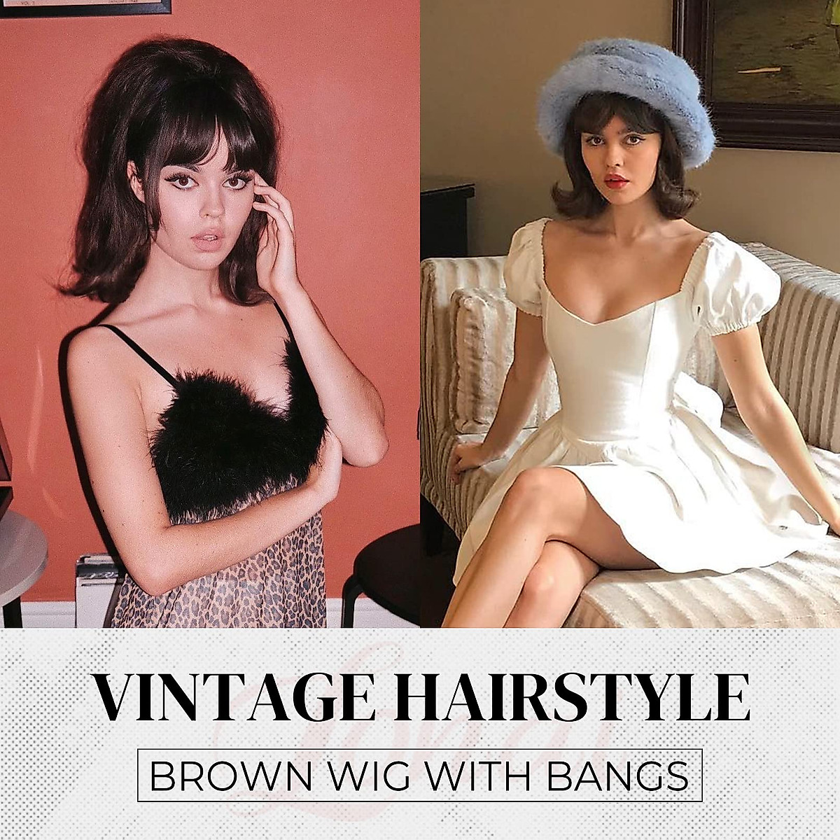 LONAI Retro Brown Wig 50s 60s 70s Wig with Bangs for Women Synthetic Hair for Halloween Costume Party