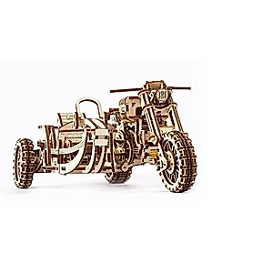 UGEARS Motorcycle with Sidecar 3D Puzzles - UGR-10 Motorcycle Scrambler Perfect Father's Day Gift Idea Wooden Model Kits for Adults to Build - Retro Design Sidecar Motorbike Model Kit with Rubber Band Motor
