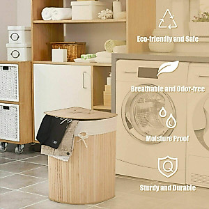 Giantex Corner Laundry Hamper with Lid, Bamboo Laundry Basket with Removable Liner and Handle, Clothes Basket for Cloth Organize, Clothes Storage Bin for Bedroom, Laundry, Living Room (Beige)