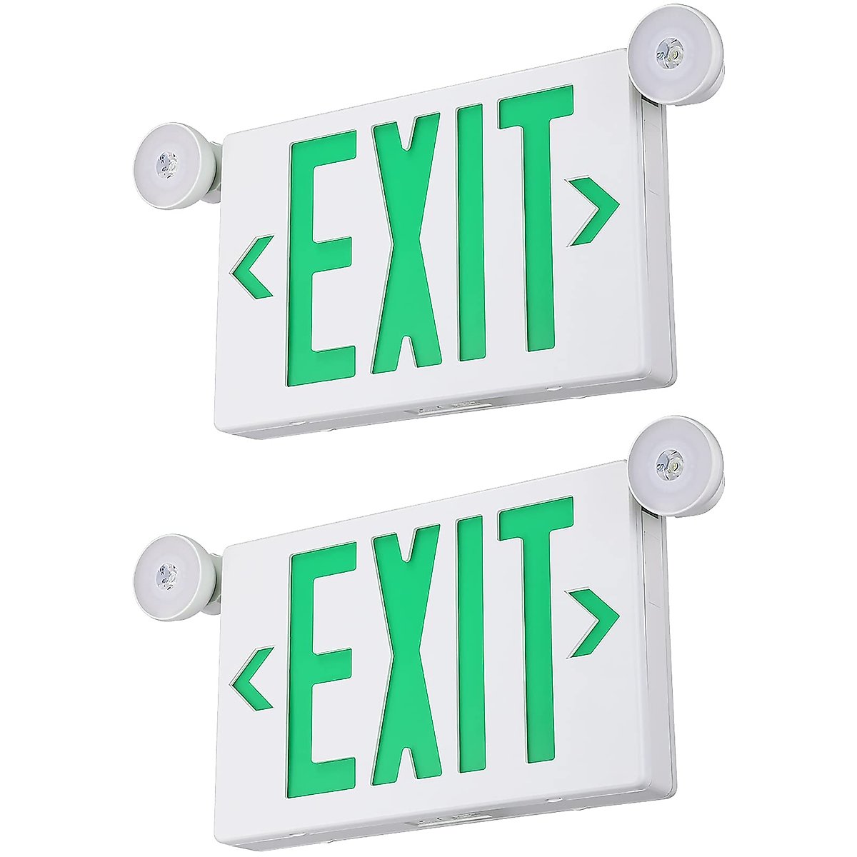 TORCHSTAR Green LED Exit Sign with Emergency Lights, UL 924, Emergency Exit Light with Battery Backup, Adjustable Heads, Fire Exit Sign with Lights, Double Face, AC 120/277V, Damp Location, Pack of 2
