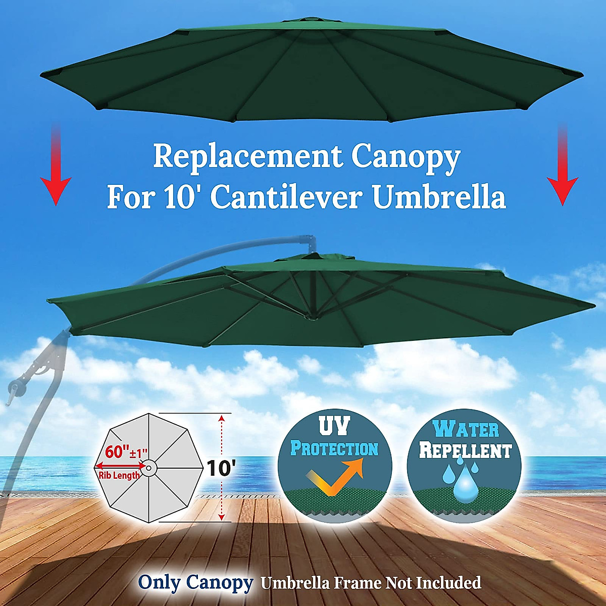 Benefit-USA Replacement Umbrella Canopy for 10ft 8 ribs cantilever hang patio umbrella (Canopy Only) (Green)