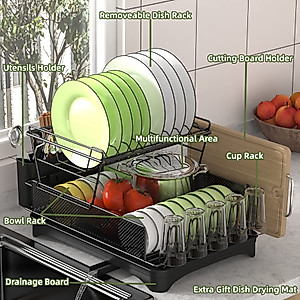 SUPPNEED Dish Drying Rack with Drainboard, 2 Tier Dish Drainer for Kitchen Counter, Utensil Holder, Cutting Board Holder and Extra Dryer Mat, Sink Dish Strainer, Black