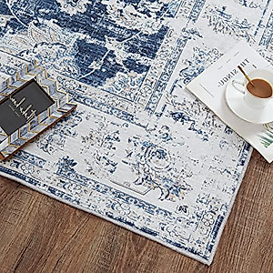 jinchan Area Rug 8x10 Persian Rug Washable Boho Living Room Rug Floral Print Large Rug Indoor Soft Distressed Foldable Carpet Thin Rug Bedroom Dining Room Office Farmhouse Dark Blue