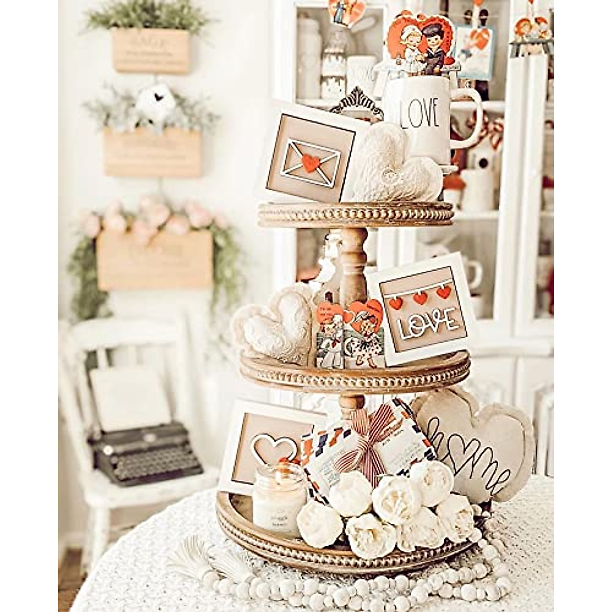 3 Tiered Tray Wooden Serving Stand by Felt Creative Home Goods. Large Beaded Tray for Home Decor Display Farmhouse Country Decoration Kitchen or Dining. Includes 3 Finial Custom Handles (Brown)