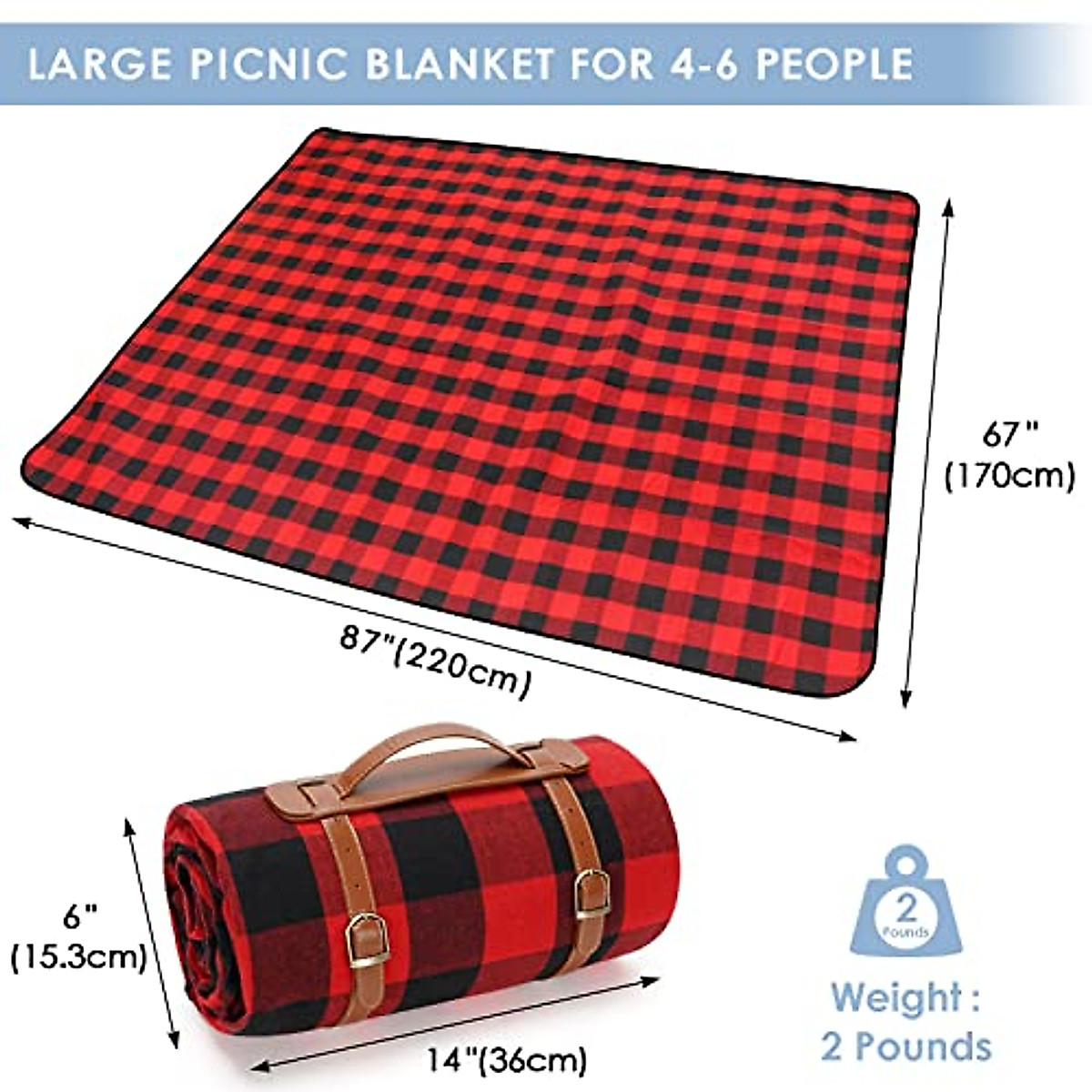 Extra Large 87'' X 67'' Picnic Blanket Waterproof, Portable Picnic Mat, Sandproof Beach Mat, Outdoor Rug for Camping, Red Checkered