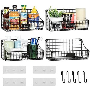 4 Pack Hanging Wall Basket for Organizing, Large Wire Baskets for Storage Pantry with 5 S Hooks+4 Strong Adhesive Wall Hooks, Wall Mounted Metal Wire Storage Baskets Shelf for Cabinet Kitchen Bathroom