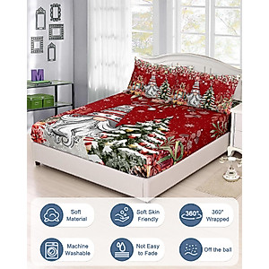 Red Christmas Fitted Sheet Set for Full Size Bed,Gnome Xmas Tree 3 Pieces Bedding Deep Pocket Bedsheet Fits Mattress Up to 16",Bottom Sheets for Bedroom Decor,Botanical Leaves