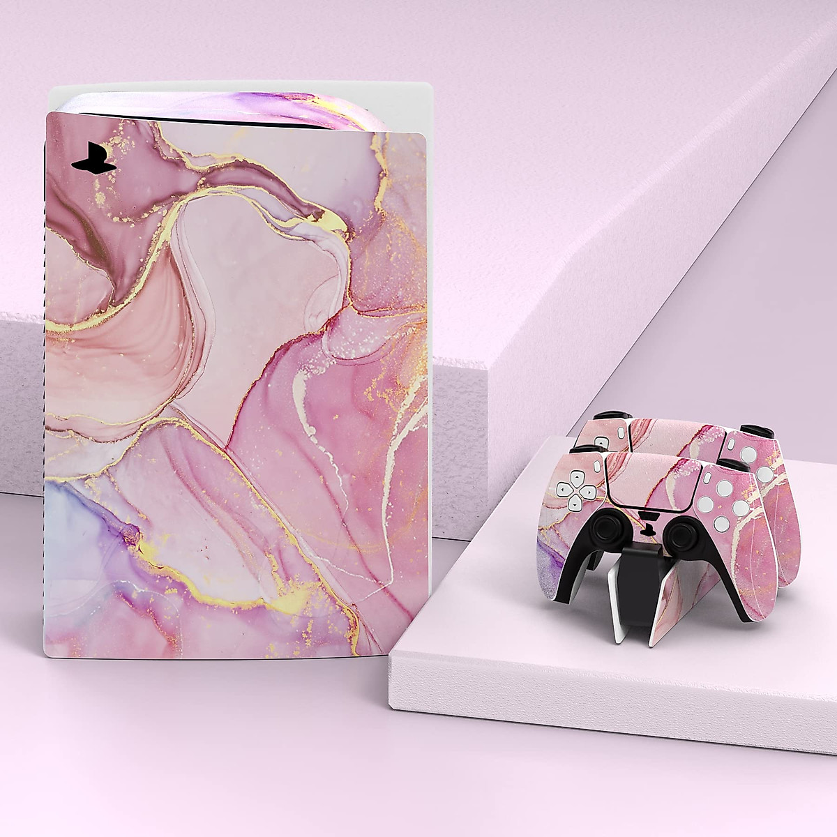 PlayVital Cosmic Pink Gold Marble Effect Full Set Skin Decal for ps5 Console Disc Edition, Sticker Cover for ps5 Controller & Charging Station & Headset & Media Remote