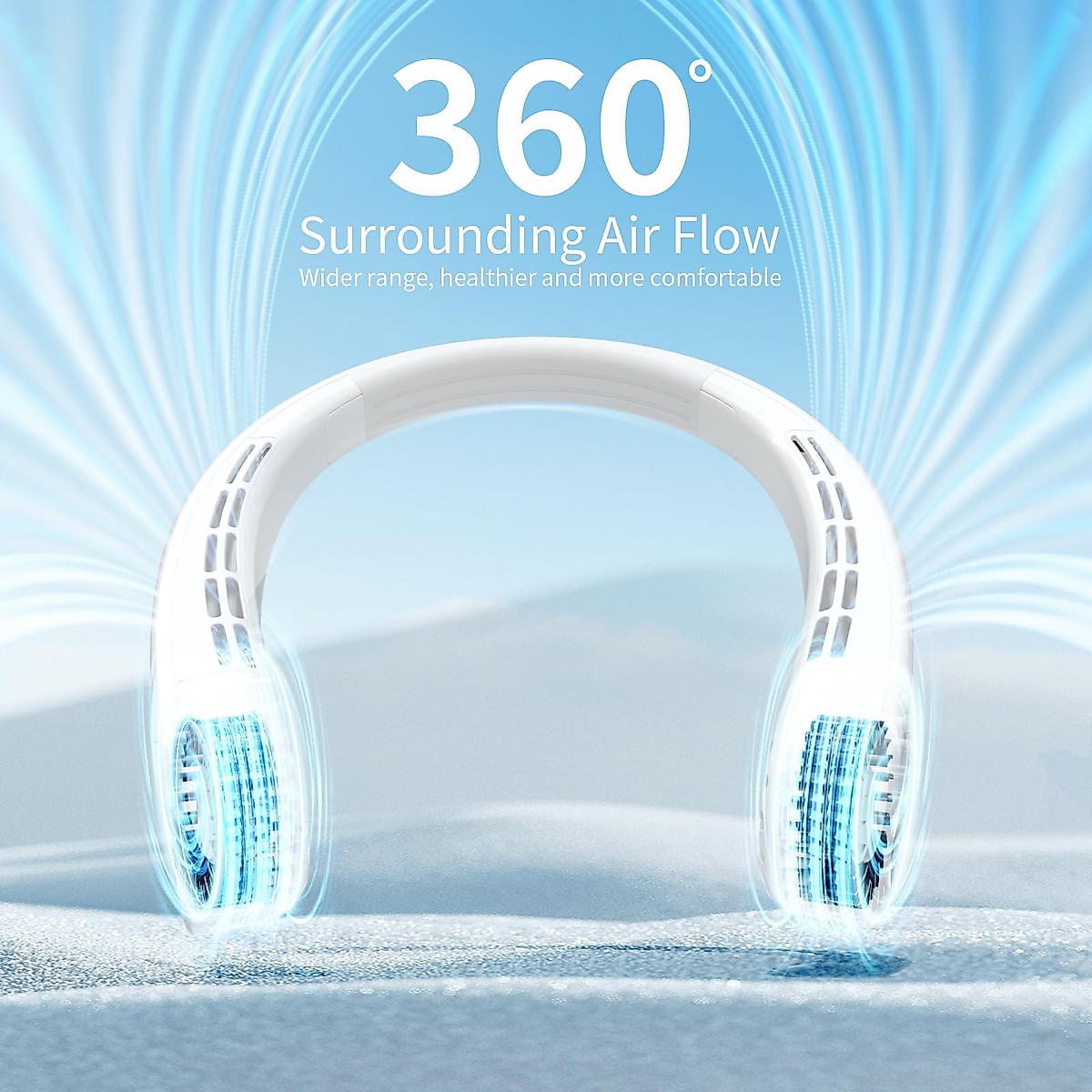 HUIDANGJIA Portable Neck Fan, Bladeless Personal Fan, Rechargeable 4000mAh Battery, No Hair Snagging, 3 Speeds Faster Cooling, Ultra Quiet, Gifts for Men Women, Home, Office, Travel Essentials, White