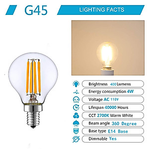 Lxcom Lighting E14 4W LED Filament Bulb Dimmable Vintage Edison Candle Light Bulb 4 Pack 2700K Warm White G45 Clear Glass Globe Lamp 400LM 40W Equivalent, AC 110V