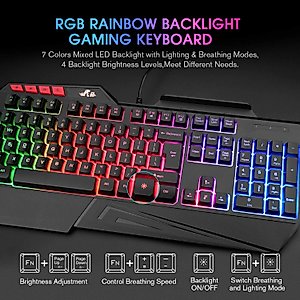 Rii RK202 RGB Gaming Keyboard Multiple Color Rainbow LED Backlit USB Wired Gaming Keyboard,104 Keys Silent Keyboard with Wrist Rest for Windows & Mac PC Gamers (Black)