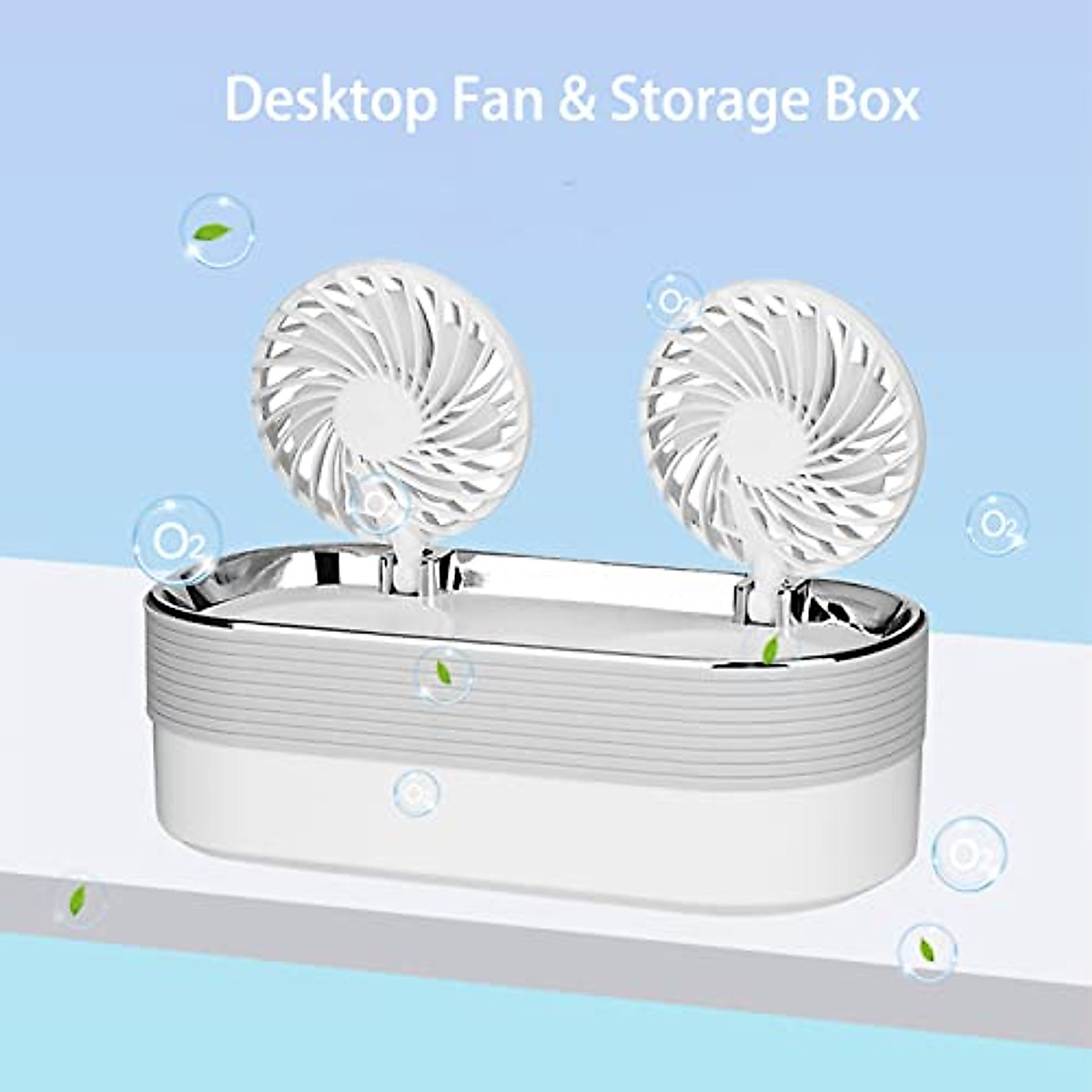 HUIQIMEI Portable Mini Desk Fan Storage Box Multifunction USB Fan 2-in-1 Double Rechargeable Fans 360° Adjustable Angle Mute Suitable for Home Office Travel Outdoor Good Gift