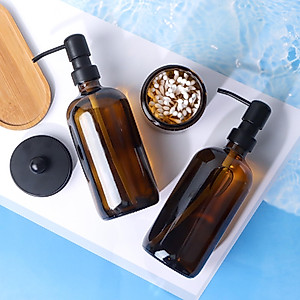 UrSpeedtekLive Bathroom Accessory Set 5 Pcs, 2 Pcs 16oz Amber Glass Soap Dispensers with Stainless Steel Pumps, 2 Pcs Qtip Holder Dispensers with Waterproof Labels & Bamboo Tray