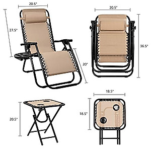 Devoko Patio Zero Gravity Chair Outdoor Folding Recliner Chairs with Table Pool Side Using Lawn Chair Sets with Pillow (Light Beige)