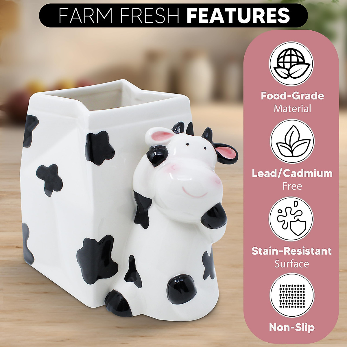 Cow Utensil Holder | Kitchen Crock Storage Gift | Kitchen Decor | Cow Print Theme La Vaca | Farmhouse Hoedown Decoration Holiday | Cute Cow Countertop Vase by Sixdrop