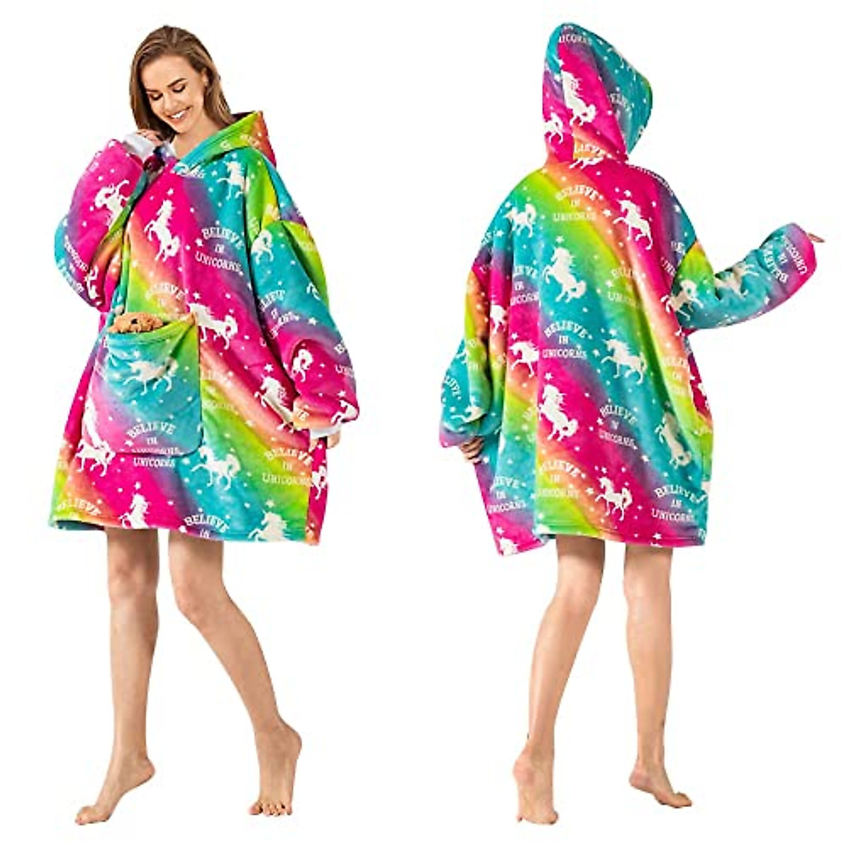 Queenshin Rainbow Unicorn Oversized Hoodie Wearable Blanket for Womens Teens Girls, Kawaii Adults Comfy Sherpa Hoody Sweatshirt with Pockets, One Size for All