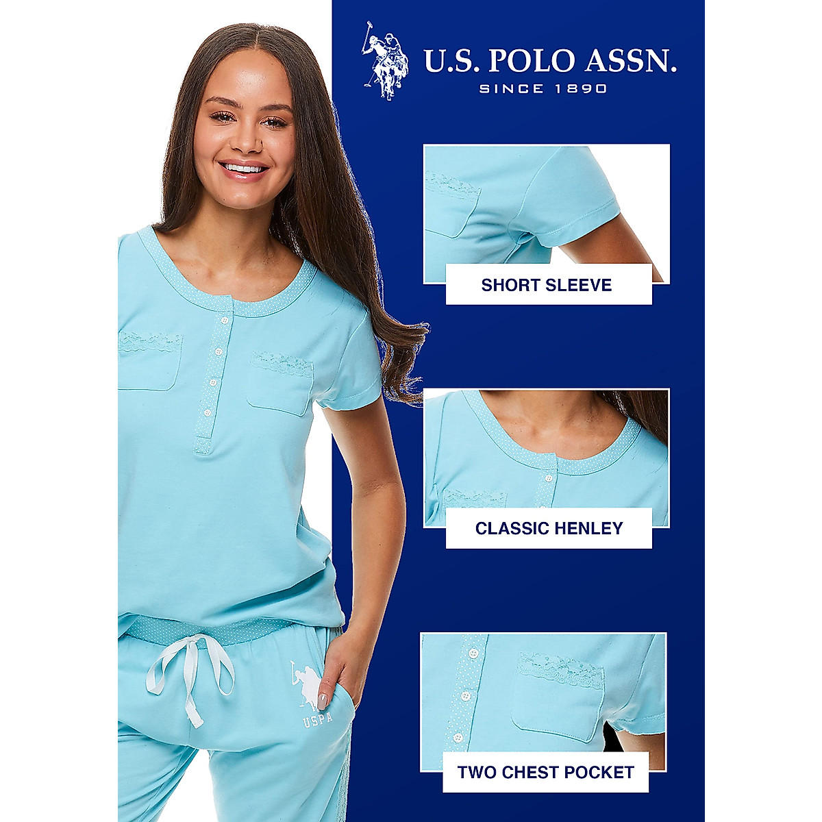 U.S. Polo Assn. Womens Pajama Set with Pockets - Short Sleeve Shirt and Pajama Pants Pj Set Mint Heather Medium