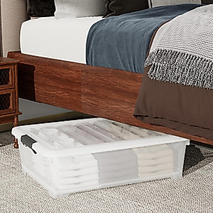 Ponpong 52 Quart Large Plastic Underbed Latching Storage Box, Clear Wheeled Under Bed Storage Bins, 3 Packs