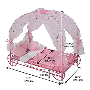 Badger Basket Toy Royal Doll Carriage Bed with Canopy, Bedding, and LED Lights for 18 inch Dolls -Pink/Stars