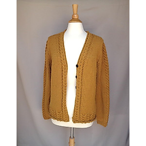 Mustard Gold Cardigan Sweater with Cable Design, Hand Knit, Merino Wool Acrylic, Womens size M L, Long Sleeves, Button Front, Basic Cardi
