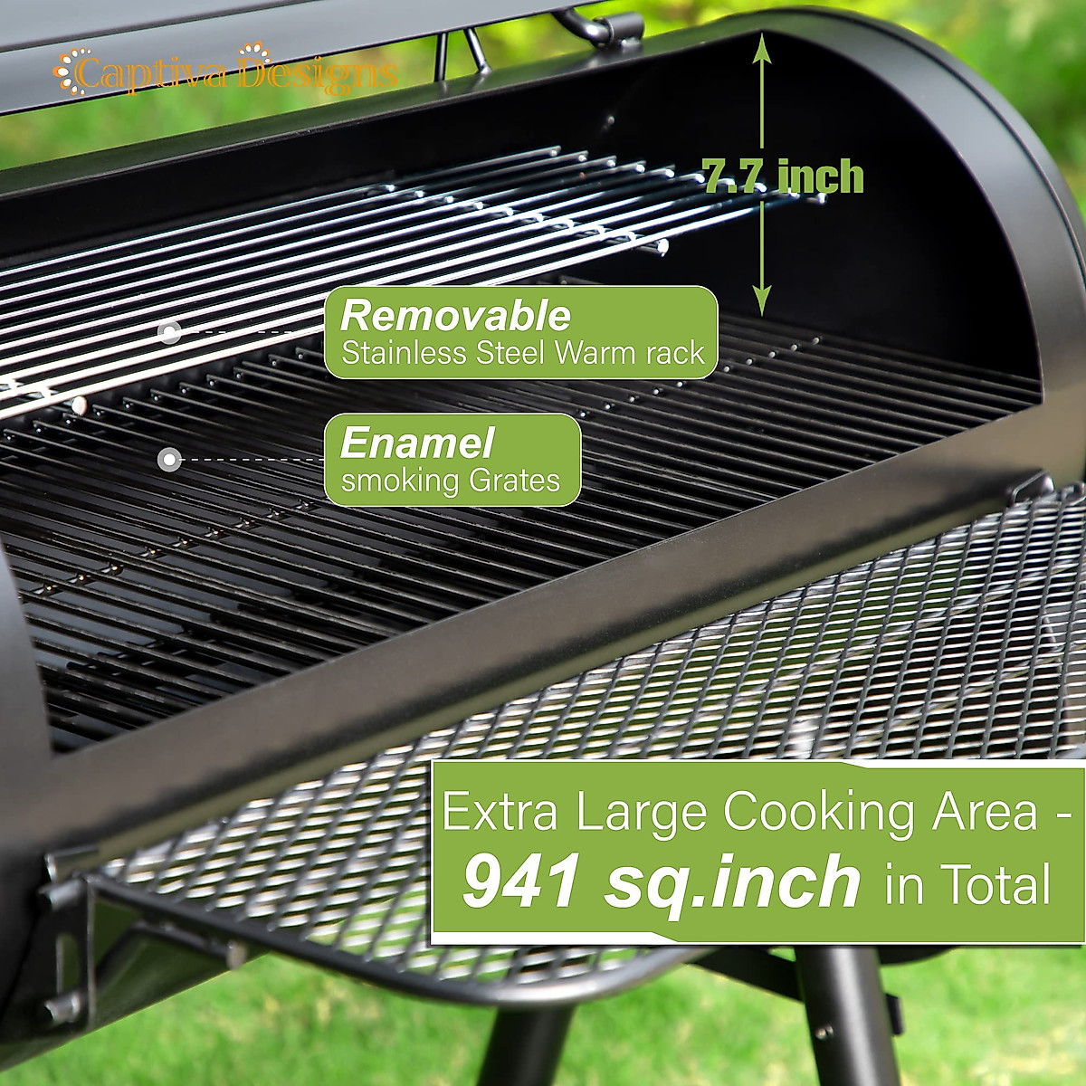 Captiva Designs Heavy Duty Outdoor Smoker,Extra Large Cooking Area(941 sq.in. in Total) Offset Smoker, Best Charcoal Smoker and Grill Combo for Outdoor Garden Patio and Backyard Cooking