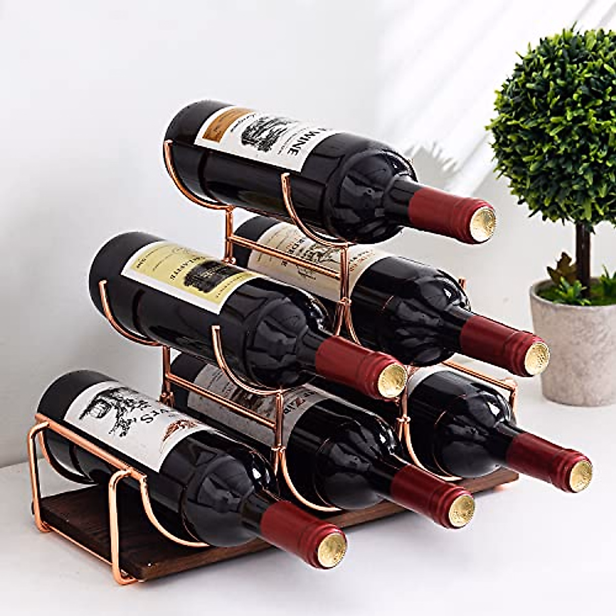 MyGift Rose Gold Wine Rack Countertop, 6 Bottle Modern Tabletop Metal Wire Stacked Wine Holder Stand with Burnt Wood Base
